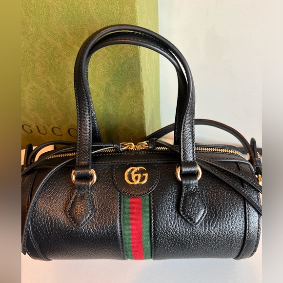 Gucci | Bags | Gucci Ophidia Leather Barrel Bag Blacknero Gucci Web | Poshmark